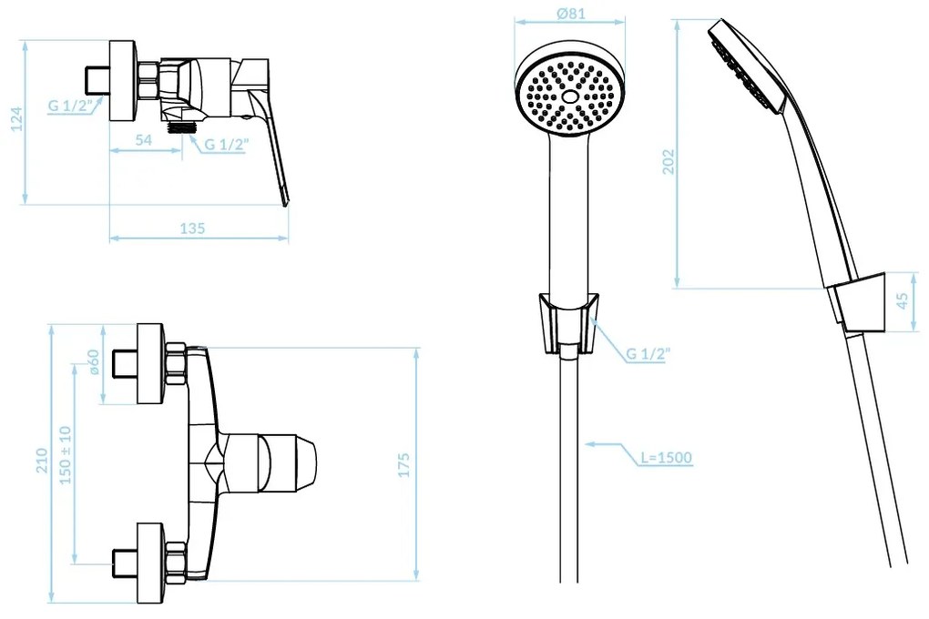 Kuchinox Atez, nástěnná sprchová baterie s ruční sprchovou soupravou, chromová, LAV-BTK_041D