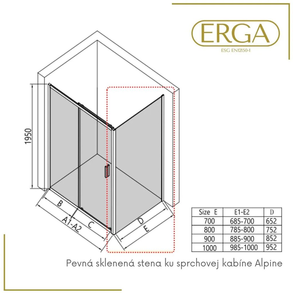 Erga Alpine, pevná stěna pro sprchový kout 80x195 cm, 6mm čiré sklo, černý profil, ERG-V02-ALPINE-G080-BK