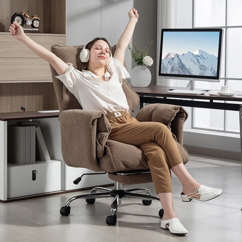 HOMCOM Ergonomická kancelářská židle, naklápěcí opěrka zad, podnožka, měkká látka, světle hnědá