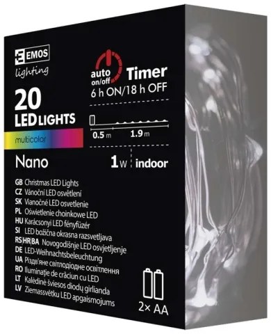 Vánoční osvětlení EMOS D3AM04 ZY1951 20LED nano řetěz stříbrný 1,9m 2xAA multicolor s časovačem