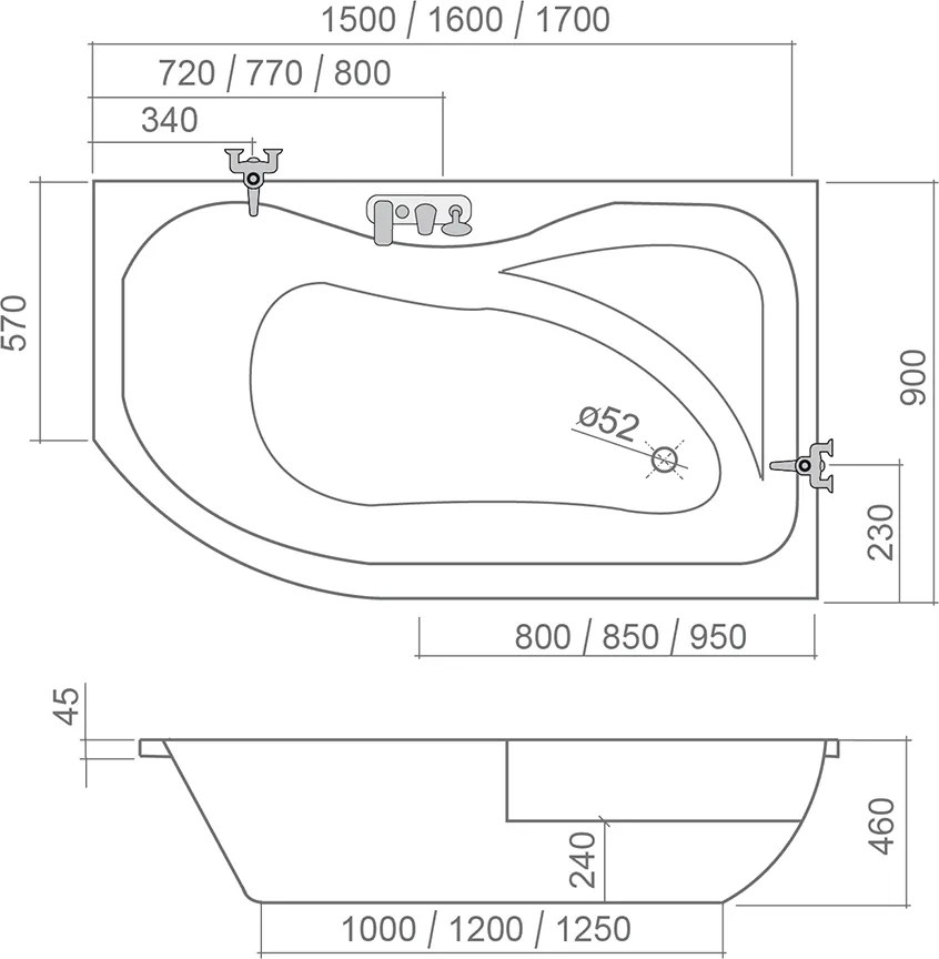 Roth ACTIVA 170 asymetrická rohová vana 170 x 90 cm 8170000 levá akrylátová