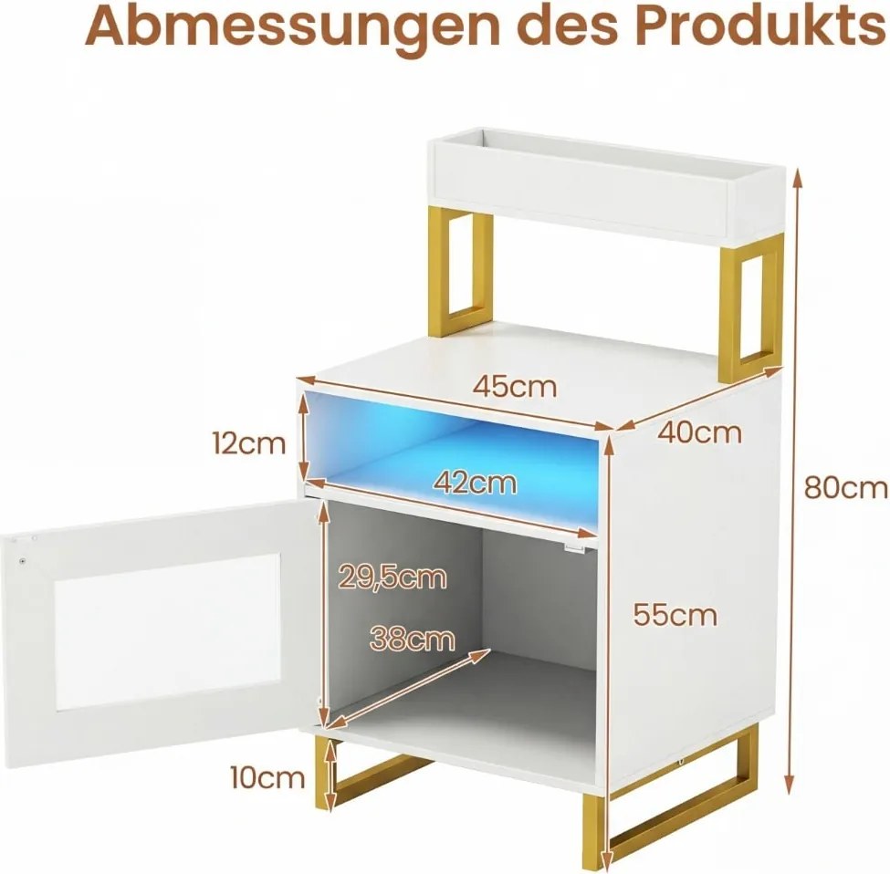 Costway Moderní noční stolek s LED osvětlením a horním tácem, pohovka