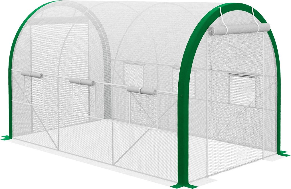 Outsunny Skleník 3,58 x 2,1 x 2,1 m Tunelový Skleník s Rolovacím Dveřmi, Růstový Dům s Okny, Skleník na Rajčata pro Zahradu a Balkon, Pozinkovaná Ocel