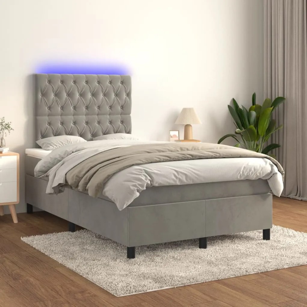 Box spring postel s matrací a LED světle šedá 120x200 cm samet 3136293