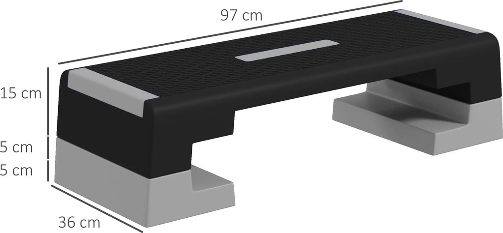 SPORTNOW Nastavitelný výškový steper s odnímatelnými schůdky a protiskluzovou základnou, aerobní schod v ABS, 97x36x15/20/25 cm, Šedá