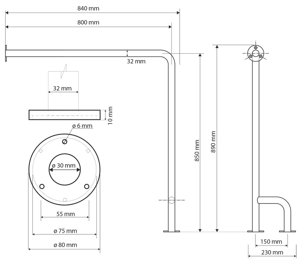 Sapho, Opěrné madlo levé 800x850mm, nerez, XH526