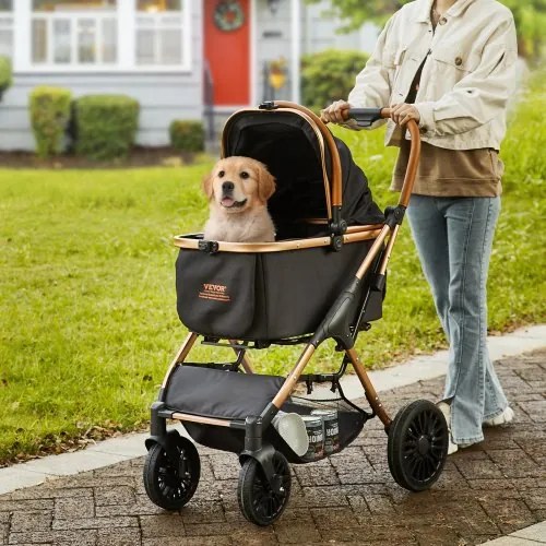 kočárek pro psy, 4kolový kočárek pro psy otočný s brzdami, nosnost 29,9 kg