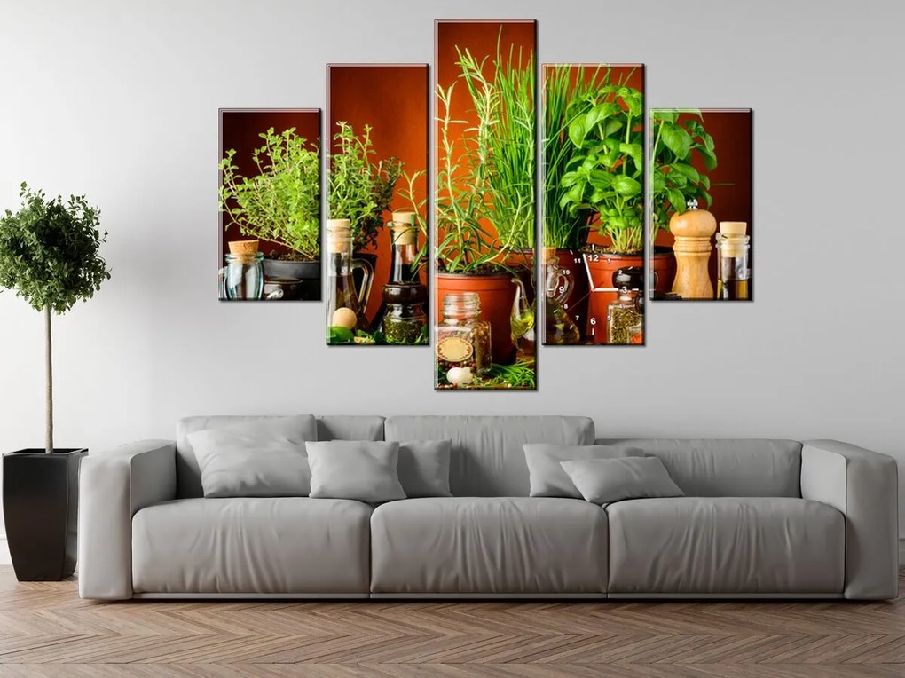 Gario Obraz s hodinami Zeleninové přísady - 5 dílný Rozměry: 150 x 70 cm
