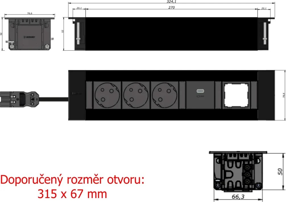 IBConnect Vestavná zásuvka INTRO černá - různé konfigurace Konfigurace elektrozásuvky: 3x230 + USB nab. A+C + 2x Modul