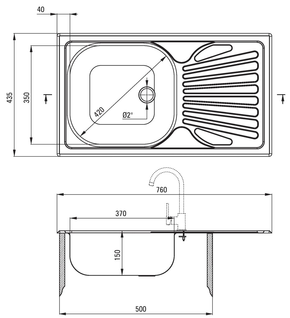 Deante Techno, nerezový dřez na desku 1-komorový Z/O 760x435x150 2" + sifon, vzor satyna, ZMU_0110