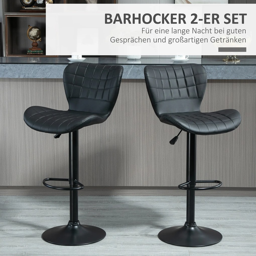 HOMCOM barová židle sada 2 ks retro design výškově nastavitelná 360° otočná černá kůže pro domácí kancelář stabilní 47 x 51,5 x 89-109 cm