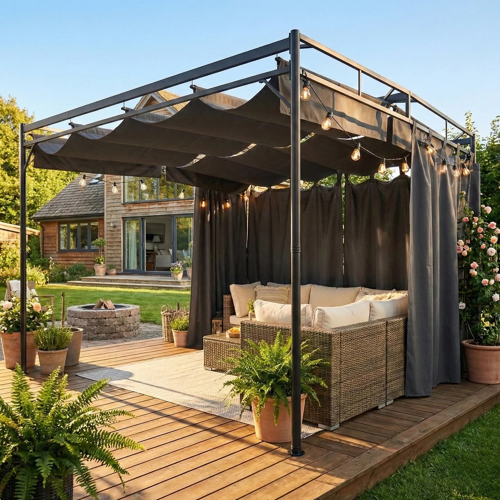 Pergola Pavillon 3x3m Wasserabweisend Sonnenschutz mit verstellbares Schiebedach Vorhängen, freistehend