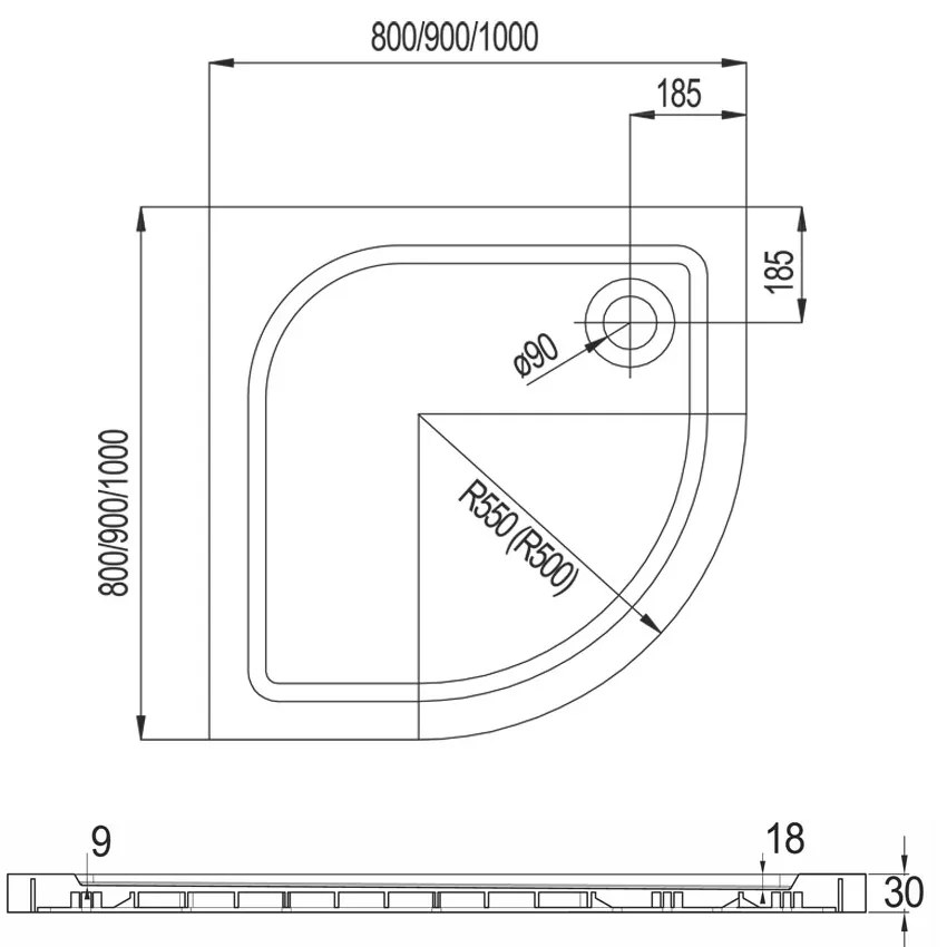 Mereo Mereo, Čtvrtkruhová sprchová vanička, R550, bez nožiček, litý mramor, CV75M