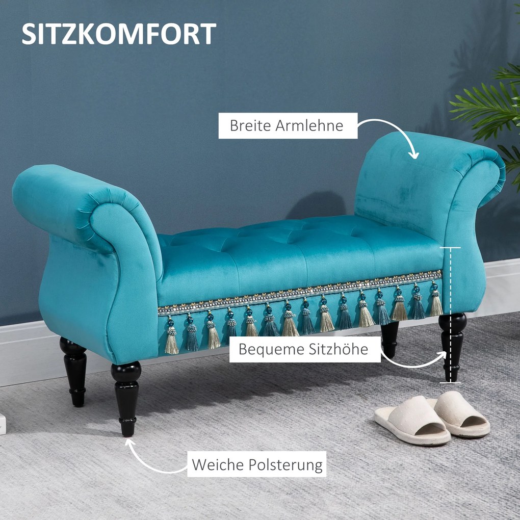HOMCOM Čalouněná lavice, Sametový vzhled, Luxusní lavice s dřevěnými nohami, Chodní lavice do ložnice, nosnost až 150 kg, Modrá, 117 x 40 x 58 cm