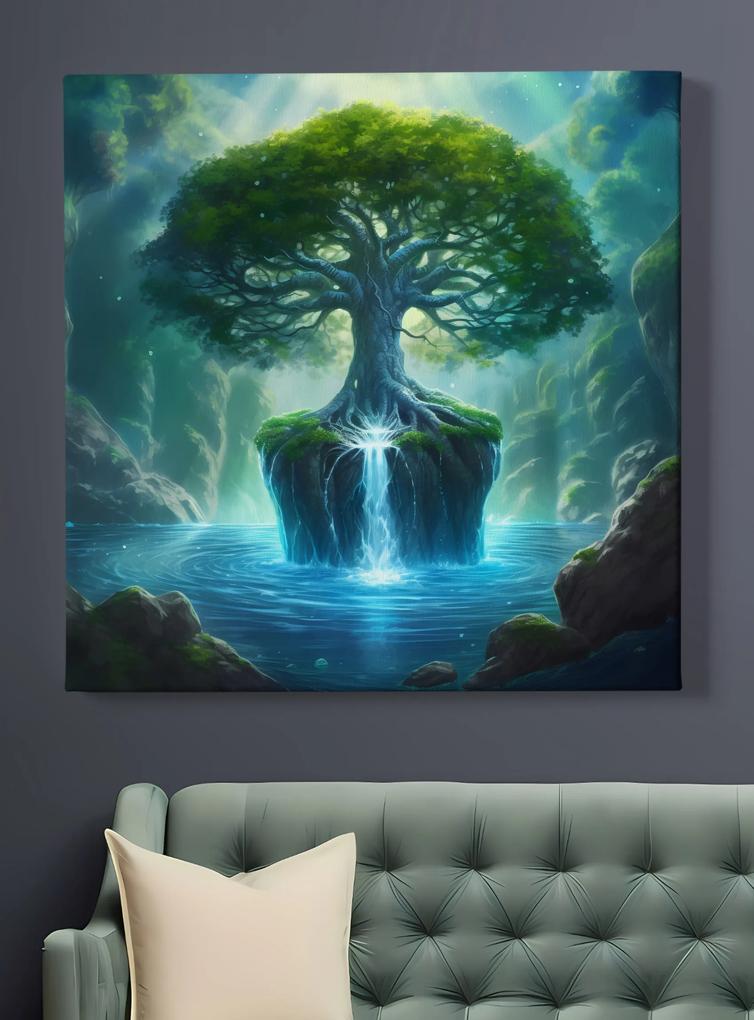 Obraz na plátně - Strom života s vodopádem FeelHappy.cz Velikost obrazu: 100 x 100 cm