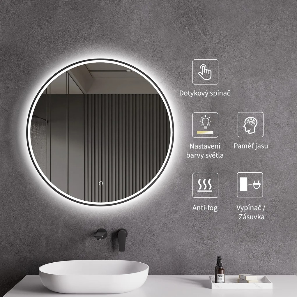 CERANO - Koupelnové LED zrcadlo Vito, kovový rám - černá matná - Ø 80 cm