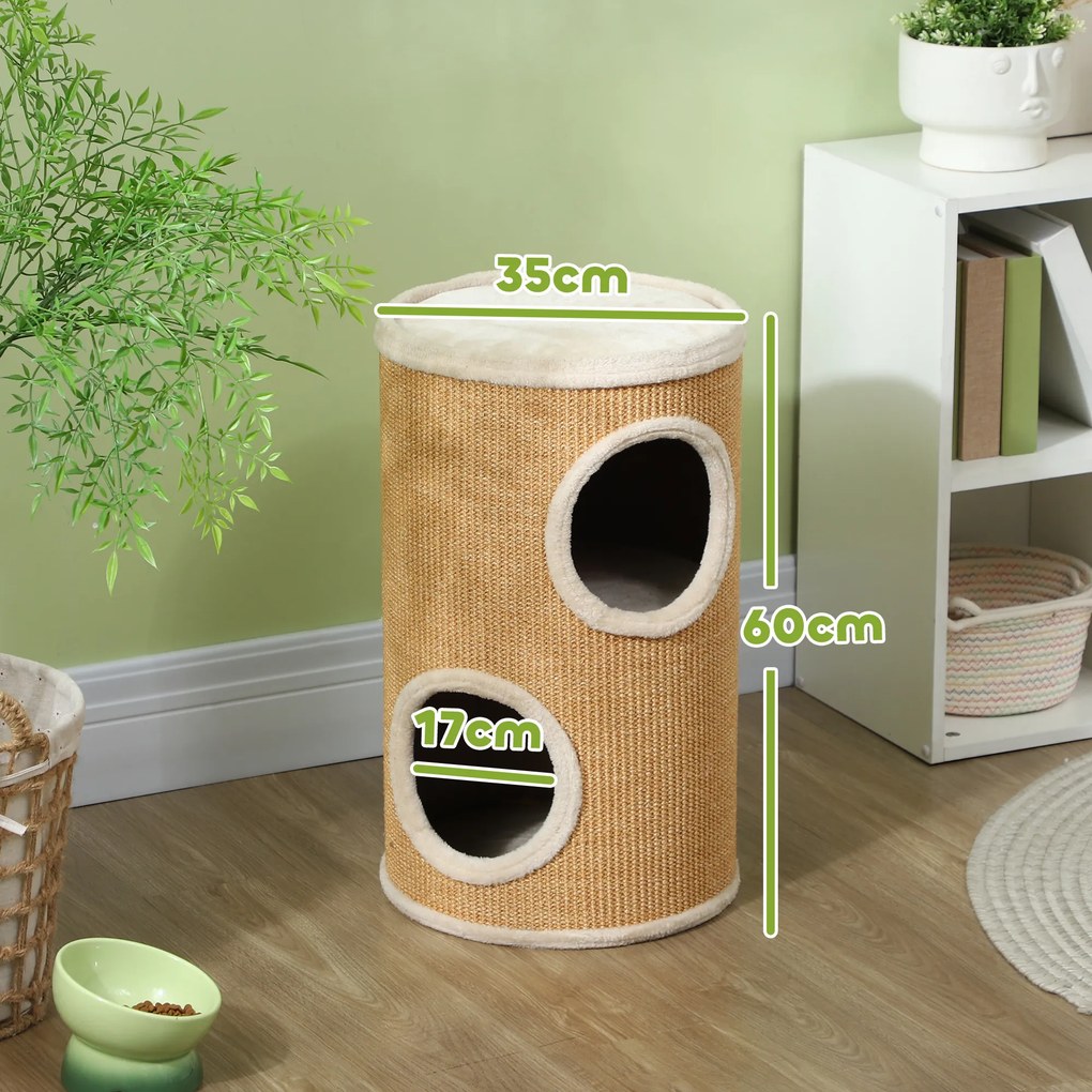 PawHut škrabadlo, 60 cm vysoké škrabadlo pro kočky se 2 jeskyněmi, škrabadlo, věž pro kočky ze sisalu, pro kočky do 5 kg, hnědé | Aosom