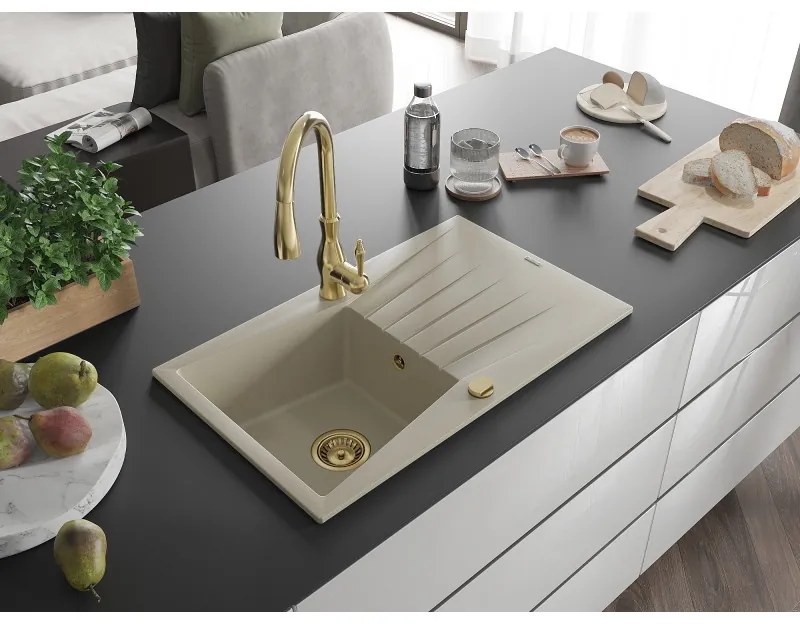 Mexen Cesar, 1-komorový granitový dřez 775x470x190 mm a dřezová baterie Savita, béžová, 6514-69-672601-50
