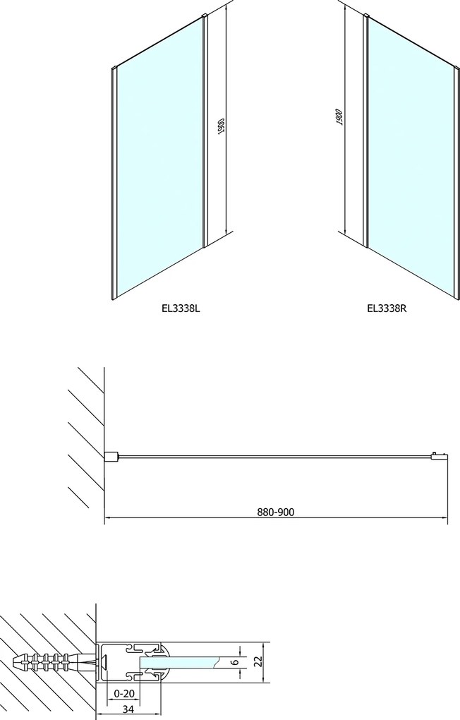 Polysan Polysan, EASY LINE sprchová boční stěna 900mm, sklo BRICK, EL3338