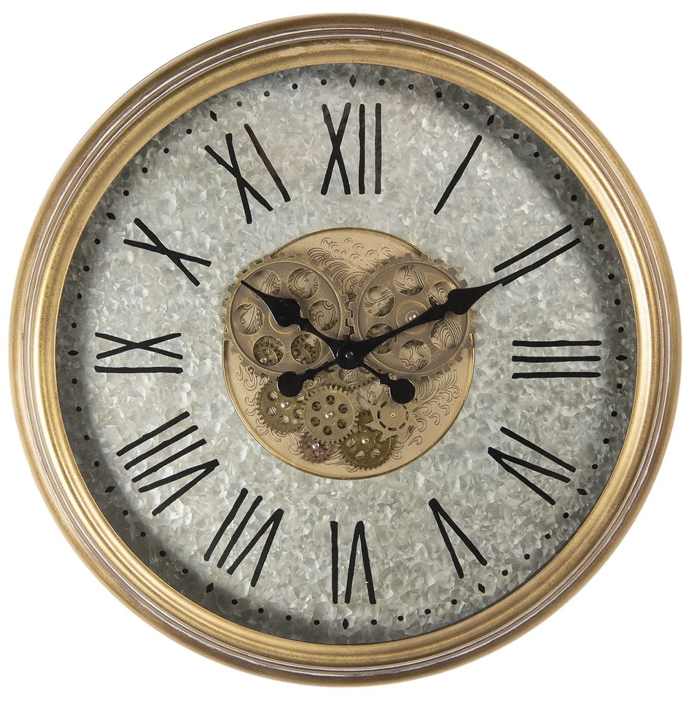 Plechové nástěnné hodiny se zlatým rámem a římskými číslicemi – Ø 63*8 cm / 1*AA