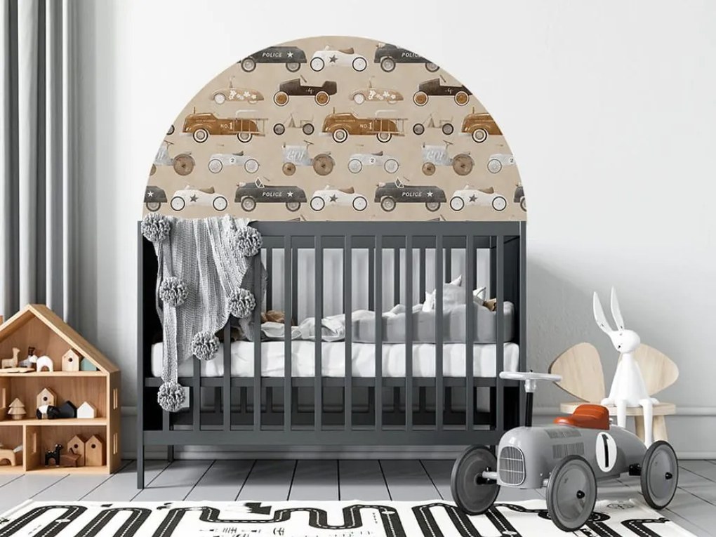 Samolepka na zeď PŮLKRUH do dětského pokoje RETRO AUTA Zvolte rozměr: 120x60 cm
