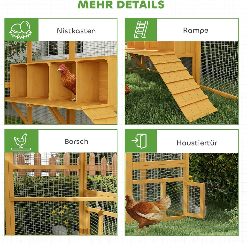 Dřevěný kurník s volným výběhem, bezpečnostní zámek, dvířka, 4 hnízdní boxy, pro 8-12 kuřat, cca 2,8 x 1,8 x 1,9 m, žlutý