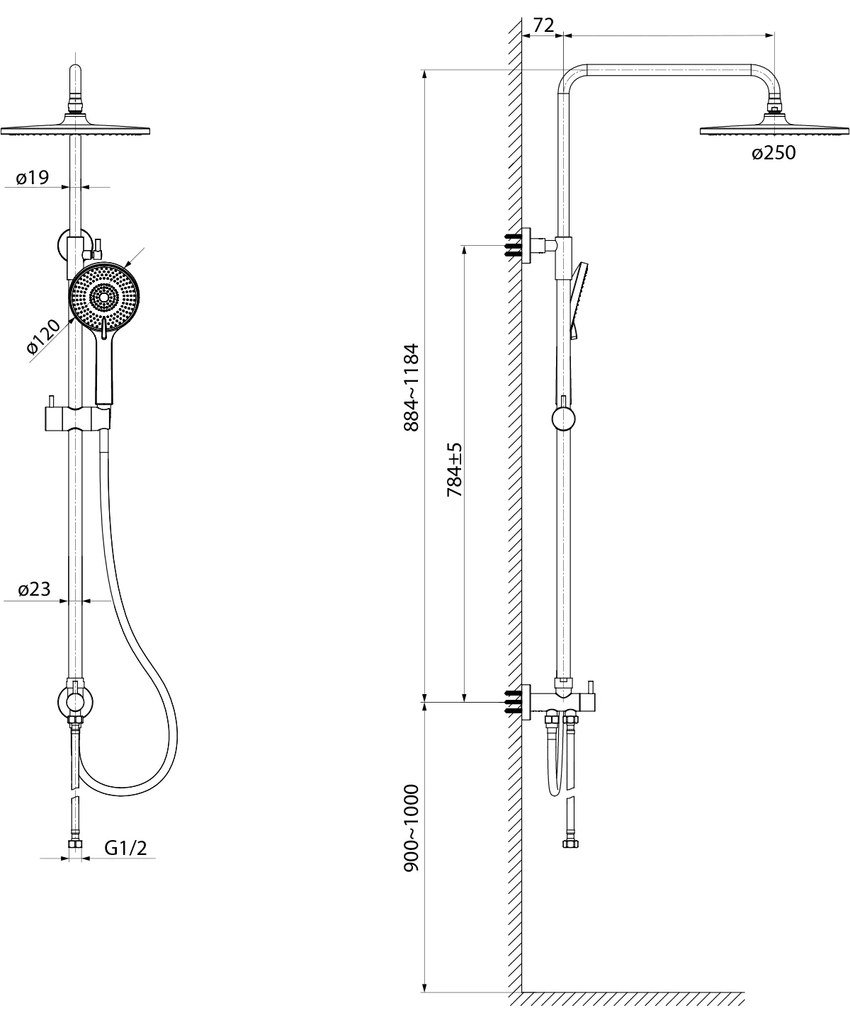 Sapho Sapho, Sprchový sloup pro nástěnnou baterii, pevná a ruční sprcha, kulatý, chrom, 1202-30