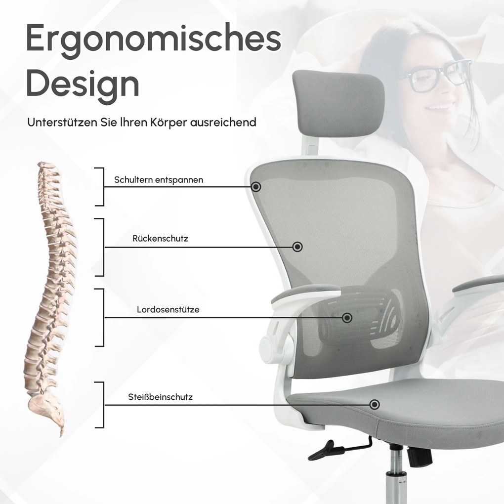 Kancelářská židle Vinsetto ergonomická kancelářská židle s opěrkou hlavy a funkcí houpání, výškově nastavitelná, šedá, 65 x 64 x 114-122 cm | Aosom.de