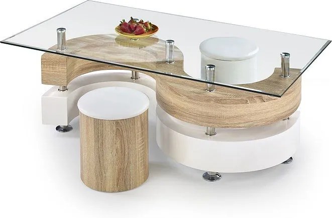 Skleněný konferenční stolek s taburety Ronen 4, dub sonoma / bílý lesk