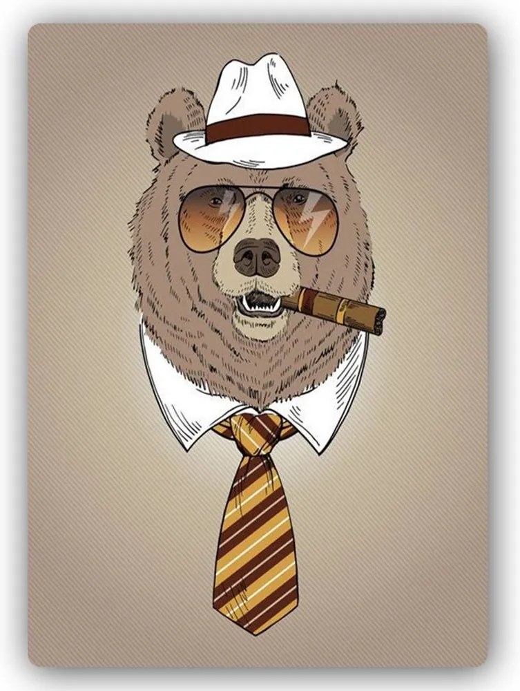 CARO Kovový obraz - Bear With A Cigar 40x60 cm