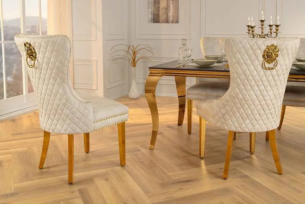 Designová židle Queen Lví hlava béžový samet - skladem
