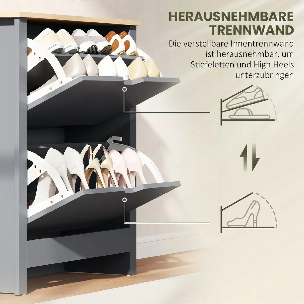 HOMCOM Botník se 2 sklápěcími přihrádkami, nastavitelná přepážka pro 8-12 párů bot, 72 x 26 x 80 cm, tmavě šedý