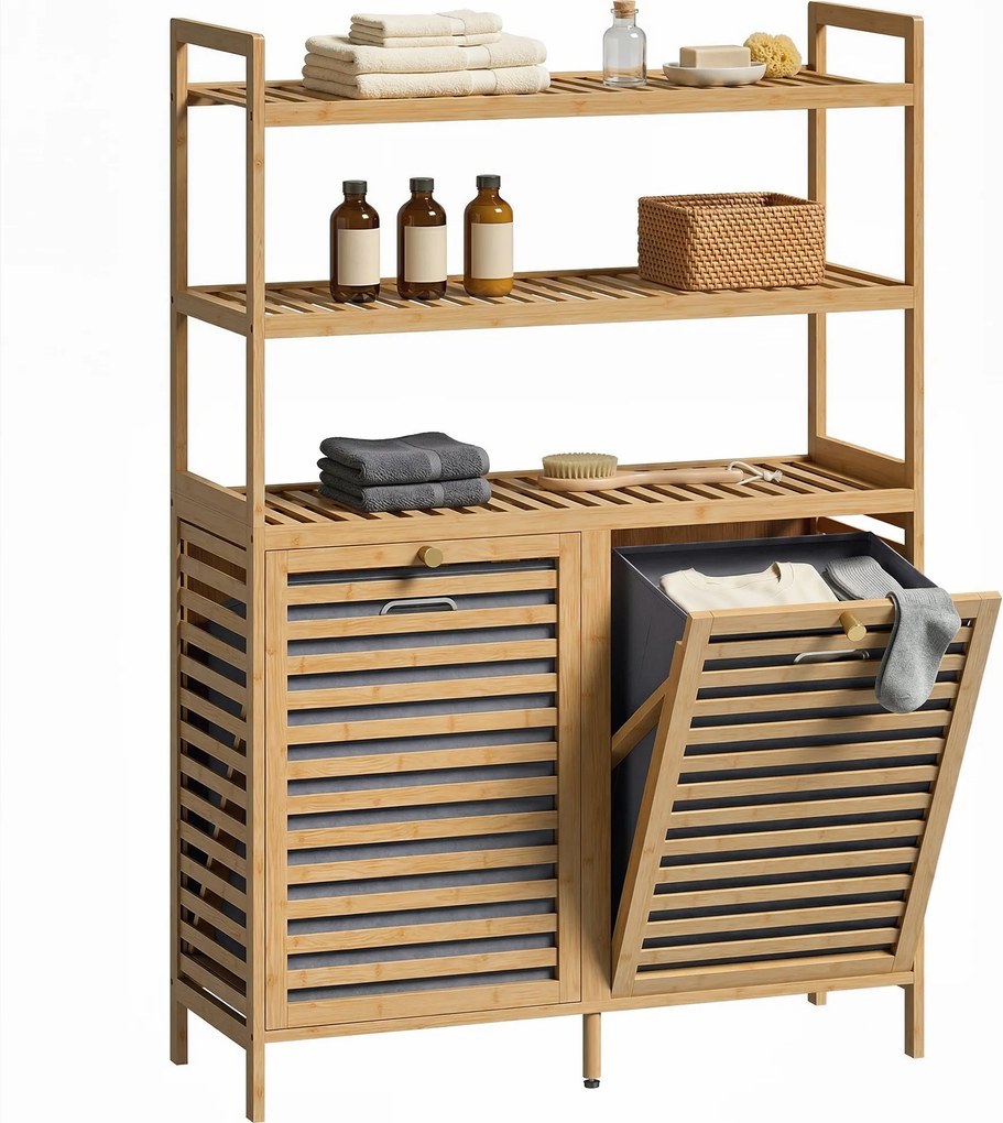 HOMCOM bambusová koupelnová skříňka s koši na prádlo – 3patrové úložiště, 80 × 30 × 118 cm, dub | Aosom