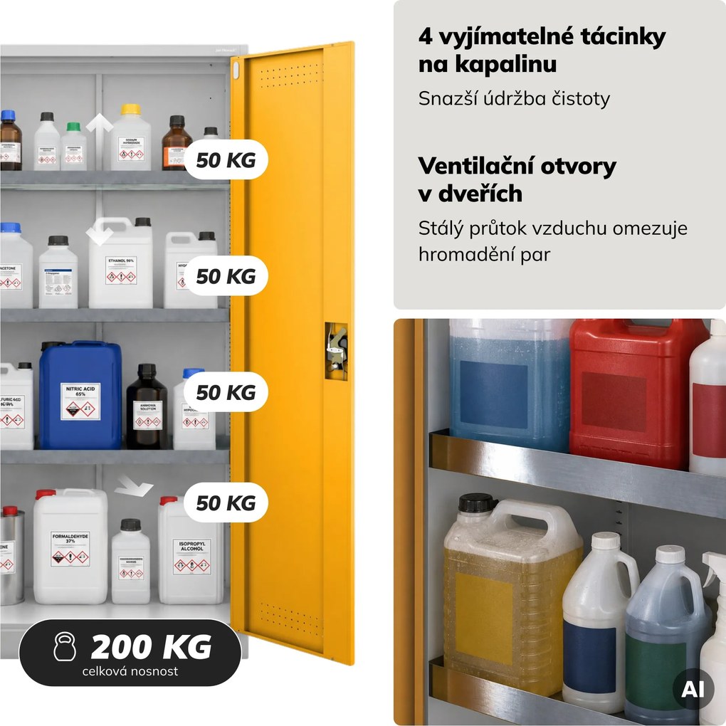 Skříň na chemikálie s ventilací a odkapávacími vaničkami, šedo-žlutá, 900x1850x400 mm: MARIA