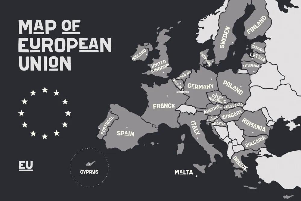 Samolepící tapeta černobílá mapa s názvy zemí EU - 300x200 cm