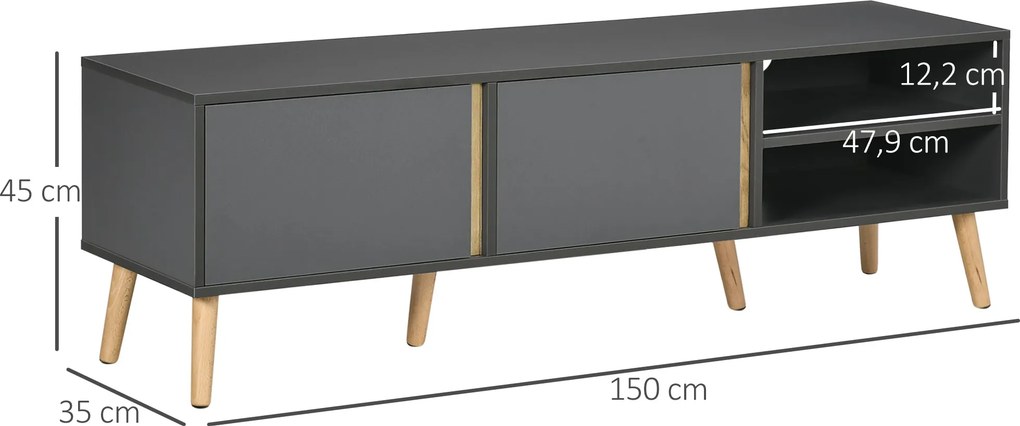 HOMCOM TV Stánek pro televizory do 55 palců, skandinávský design, 2 dveře, 2 police s vedením kabelů, 150 x 35 x 45 cm, tmavě šedá