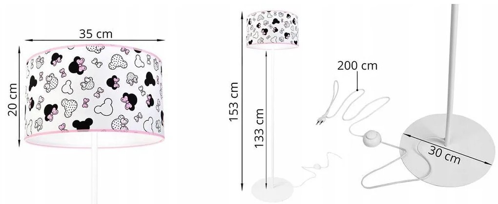 Dětská stojací lampa Minnie, 1x textilní stínítko se vzorem,