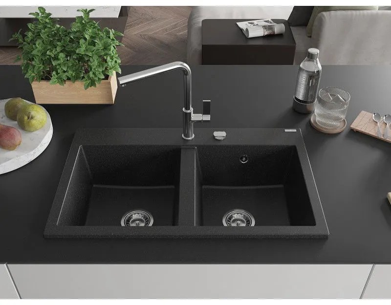 Mexen Hektor, 2-komorový granitový dřez 800x480x205 mm, černá-stříbrná metalíza, chromový sifon, 6521802000-73