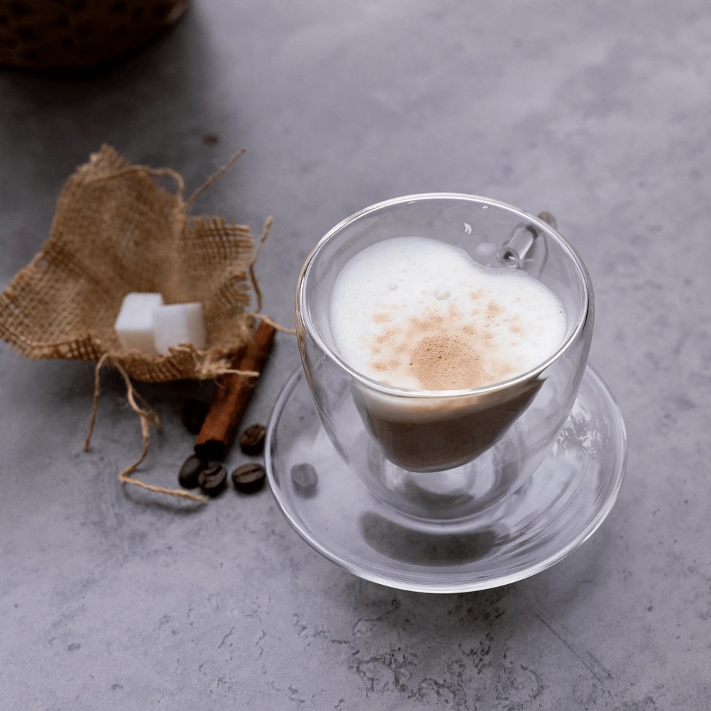 Termo sklenice, set 2 ks, šálek Heart s podšálky, ve tvaru srdce, 150 ml, HOTCOOL TYP 5