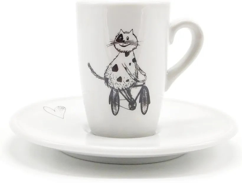 Porcelánový espresso šálek Kočka na kole s podšálkem, 130 ml – černobílý, s autorským designem pro milovníky koček a cyklistiky