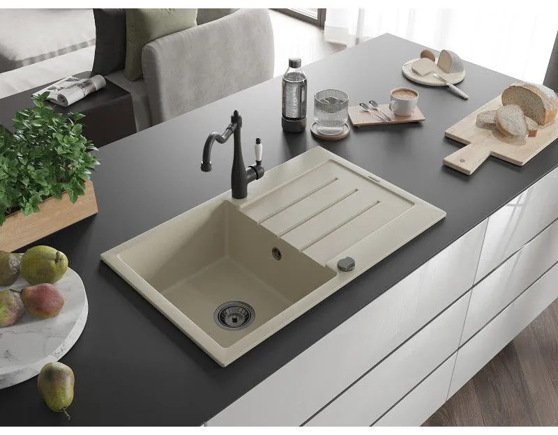 Mexen Bruno, granitový dřez 795x495x200 mm, 1-komorový a dřezová baterie Carla, béžová, 6513-69-670700-70