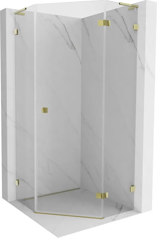 Mexen Lunar, L pravý výklopný pětiúhelníkový sprchový kout 90 x 90 cm, 8mm čiré sklo, zlatý profil, 831L-090P-090L-50-00-P