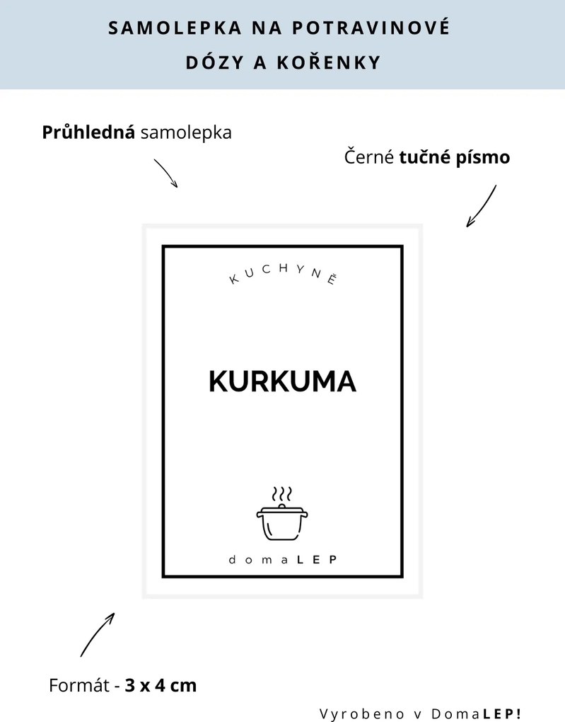 Samolepka na kořenky KURKUMA průhledná 3 × 4 cm tučné písmo