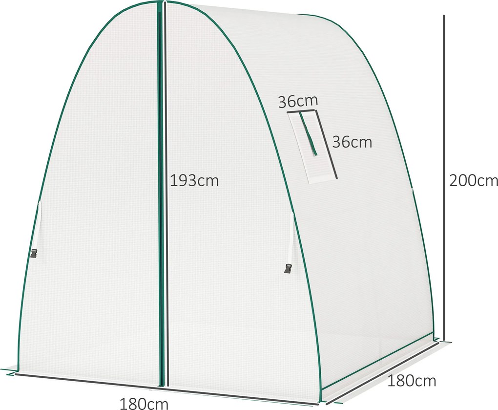 Outsunny Obloukový skleník s pytli s pískem a plastovým krytem, 2 rolovací dveře, síťové okno, přenosný, 1,8 x 1,8 x 2 m, bílý