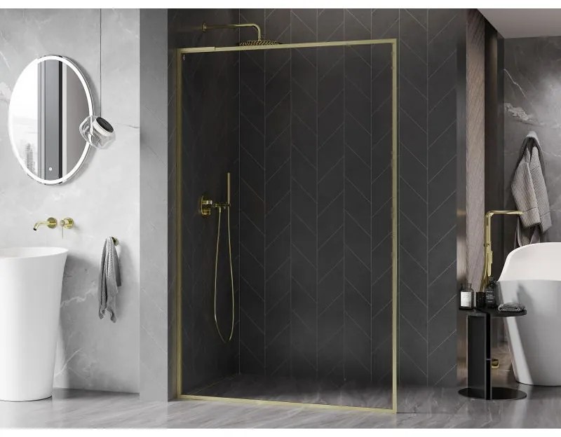Mexen, Mexen Kioto-XF L sprchová stěna s rámem 90 x 202 cm, průhledná 10 mm, broušené zlato - 800-090-174-55-00-XF
