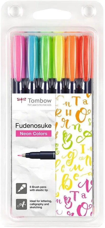 Tombow sada štětcových fixů fudenosuke, neonové barvy tvrdost 1 (hard), 6 ks