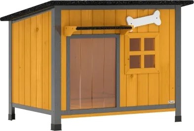 PawHut psí bouda dřevěná venkovní psí dům s asfaltovou střechou, otevíratelná, vyjímatelná podlaha, závěsné dveře, ocelový rám 84,5x62x65 cm