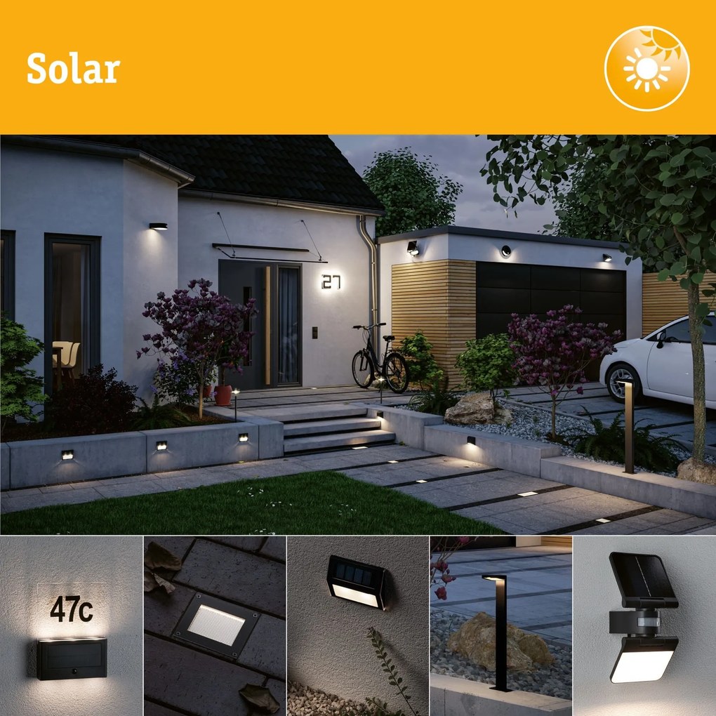 P 95748 Hybrid LED venkovní nástěnné svítidlo Isleen domovní 230V + solární IP44 hranaté 163x163mm 3000K 2,3W 230V černá - PAULMANN