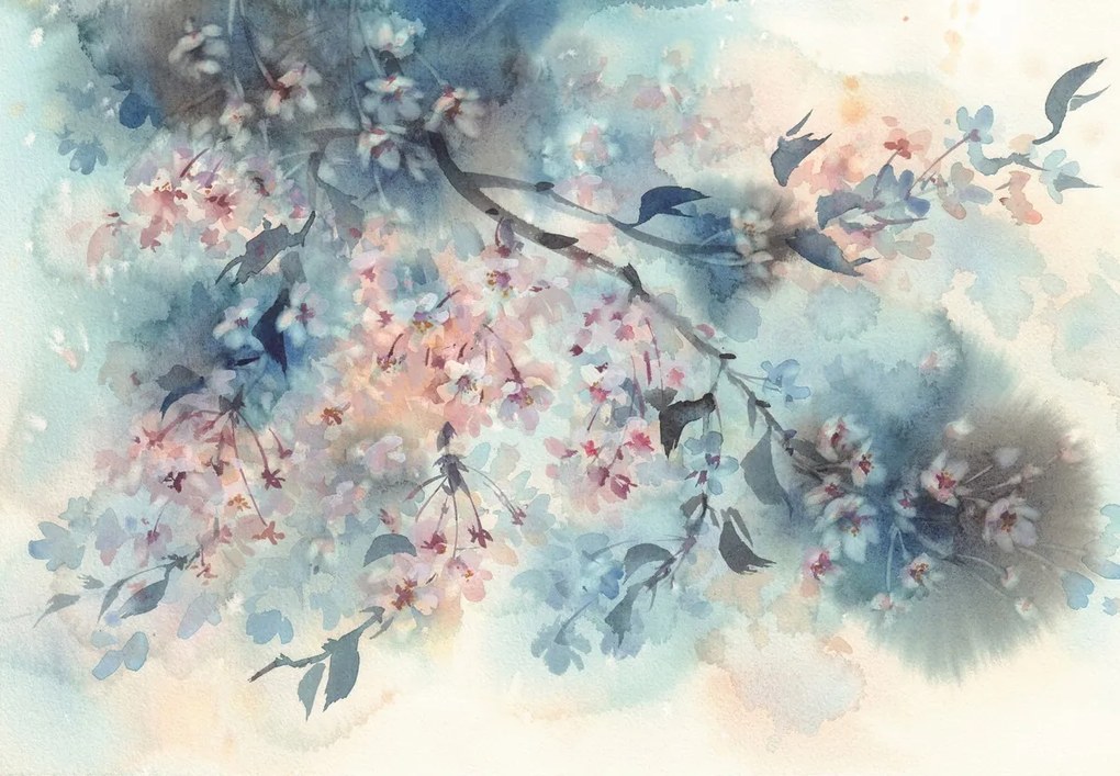 Fototapeta - Třešňové květy s aquarelovým efektem (245x170 cm)