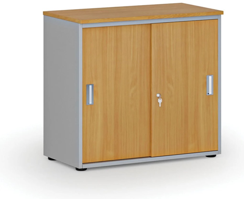 Kancelářská skříň se zasouvacími dveřmi PRIMO GRAY, 800 x 420 x 740 mm, šedá/buk